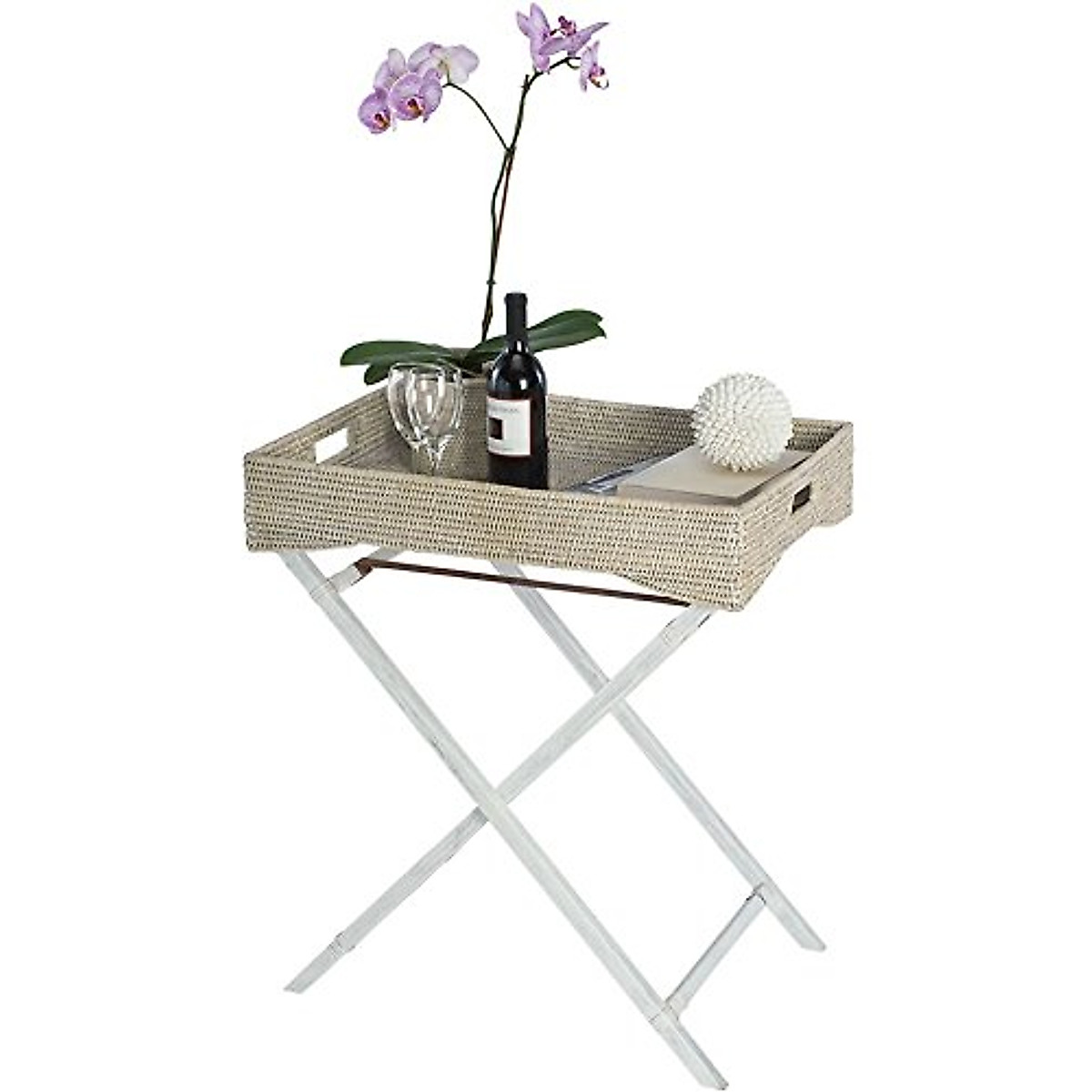 KOUBOO La Jolla Rattan Butler Tray with Folding Wood Stand, White Wash