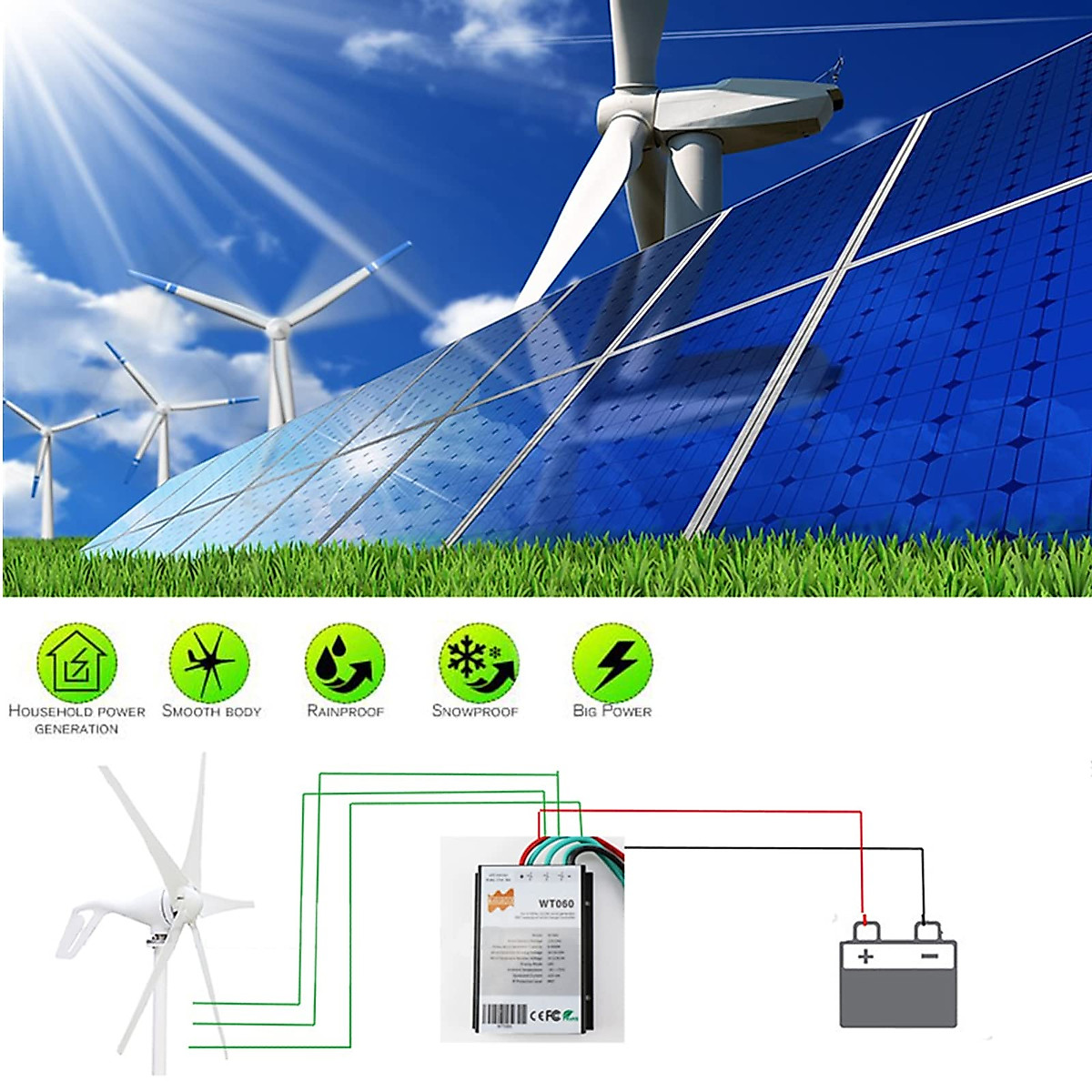 QAZNHODDS 4000W Wind Turbine Generator kit 24v Wind Industrial Machinery Equipment with Wind Boosting Controller 5 Blades Horizontal Axis Permanent Magnet Generator for Home Street,Three Blade,48v