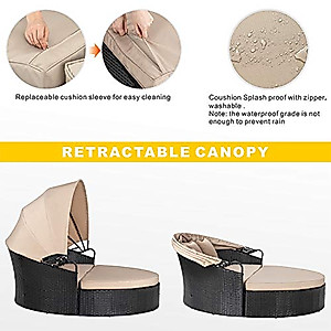 JY QAQA Patio Furniture Outdoor Lawn Backyard Poolside Garden Round Daybed with Retractable Canopy Wicker Rattan Sectional Round Sofa, Seating Separates Cushioned Seats Beige…