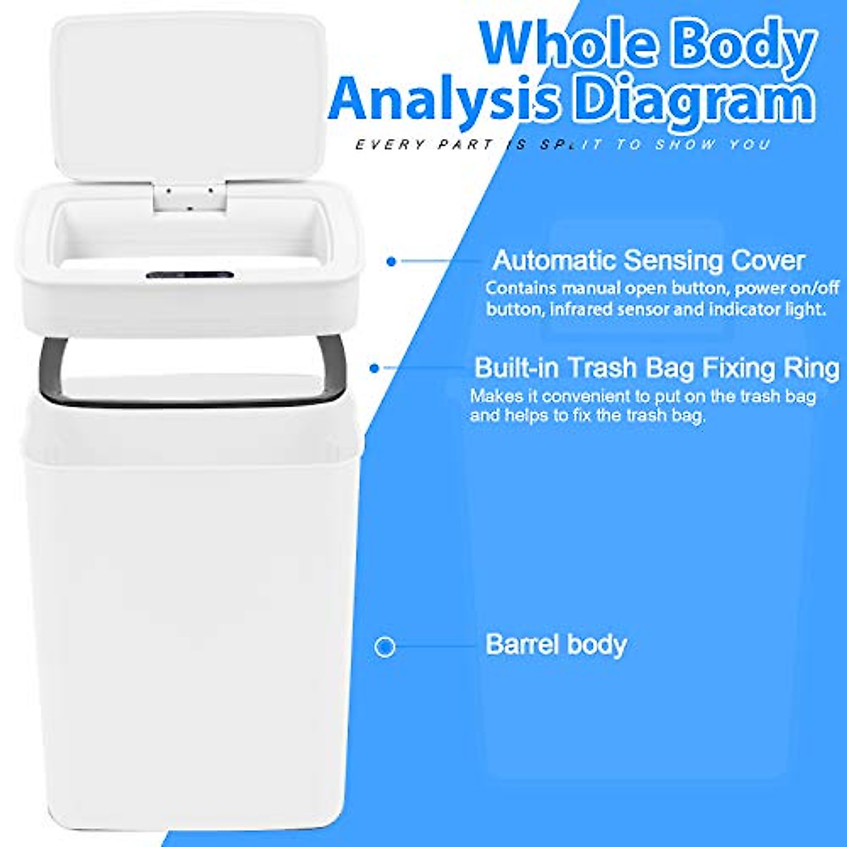 Bathroom Trash Can, 3.7Gallon/14Liter for Bathroom | Bedroom Automatic Garbage Cans with Lid Rectangular Bathroom Trash Can for Cupboard/Bathroom/Bedroom/Office/Camping/RV-White
