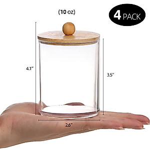 Tbestmax 4 Pack Qtip Holder, 10-Ounce Bathroom Organizer Accessories Storage Containers Clear Plastic Apothecary Jars with Bamboo Lids for Cotton Ball, Cotton Swab, Floss