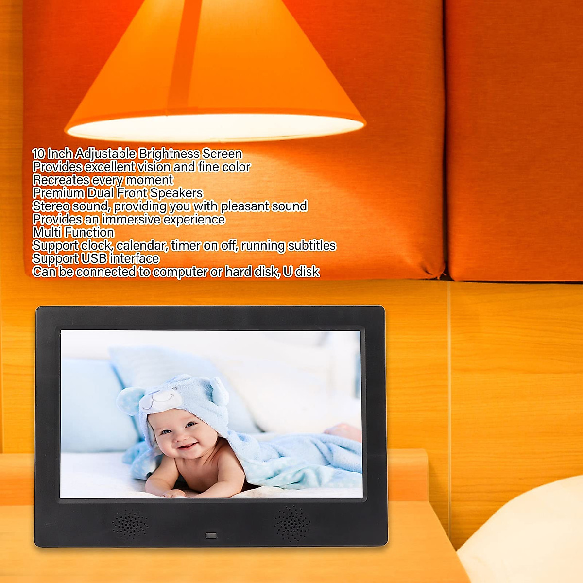 Smart Digital Photo Frame Adjustable Brightness Black Electronic Album Video Music Remote Control 100‑240V 10 Inch with Clock Calendar for Bedside Table (US Plug)