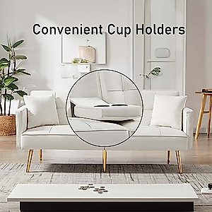 RIDFY 69” Convertible Futon Sofa Bed 2 Cup Holders, Modern Tufted Velvet Sleeper Couch with Metal Legs,Side Pocket,Folding Upholstered Loveseat,Memory Foam Living Seat Daybed,White