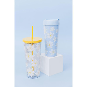 Draper James Travel Tumbler with Lid and Straw, 24 Ounce Insulated Cup, Clear Floral Plastic Double Wall Tumbler, Magnolias
