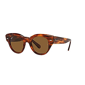 Ray-Ban Women's Rb2192f Roundabout Low Bridge Fit Round Sunglasses, Striped Havana/Polarized Brown, 47 mm