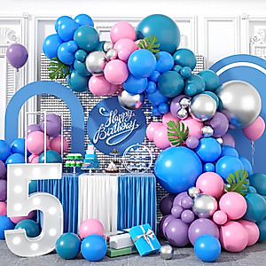 Blue Purple Balloon Arch Garland Kit, Purple Pink Blue Metallic Silver Balloons for Kids Birthday Hawaii Tropical Party Supplies Video Gaming Baby Shower Party Decorations