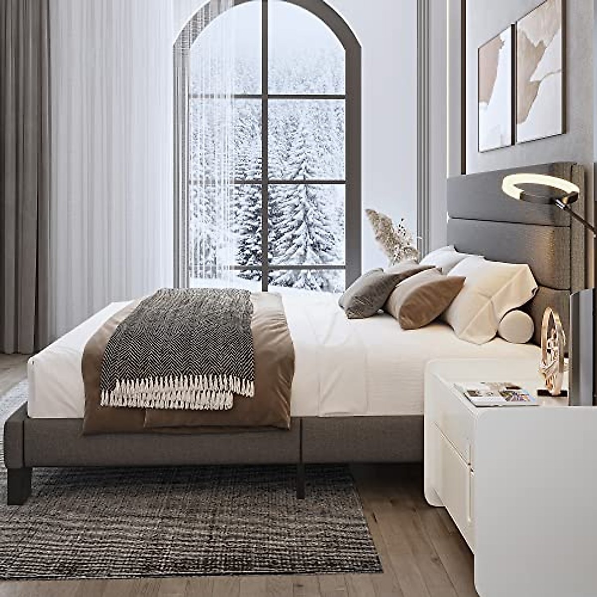 WEEWAY Full Size Bed Frame Platform Bed with Linen Fabric Upholstered Headboard and Wooden Slats Support, Heavy Duty Mattress Foundation, No Box Spring Needed, Easy Assembly, Dark Grey