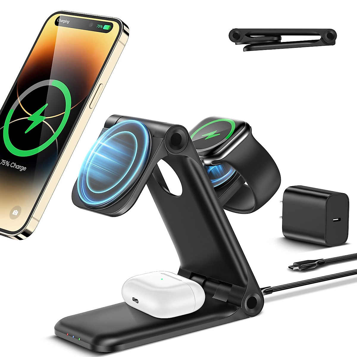 Foldable 3 in 1 Charging Station for Apple Devices - Magnetic Wireless Charging Station - Phone and Watch Charger Stand for iPhone 15/14/13/12/11 Pro Max/XR/ 8 Plus and Airpods iWatch (Mag-Safe)