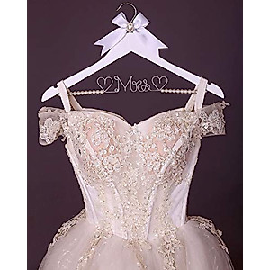 HUIDIAN White Solid Wood Bridal Dress Hanger with Lady Wire Lettering for Bridal Wedding Party Gift (Pearl Silver Thread and White Hanger)