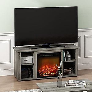 Furinno Jensen Fireplace Entertainment Center TV Stand with Open Storage for TV up to 55 Inch, French Oak Grey