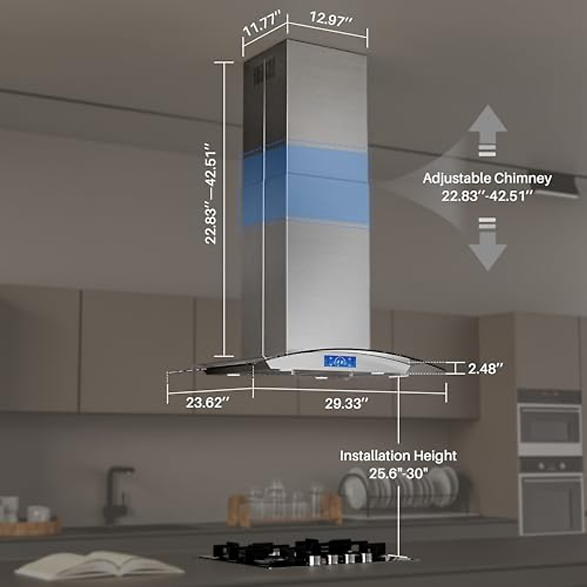 FIREGAS Island Range Hood 30 inch 700 CFM with Chimney, Ceiling Mount Kitchen Vent Hood with Tempered Glass, 4 LED Lights, Permanent Filters, Premium Touch Control Panel, Includes Charcoal Filter