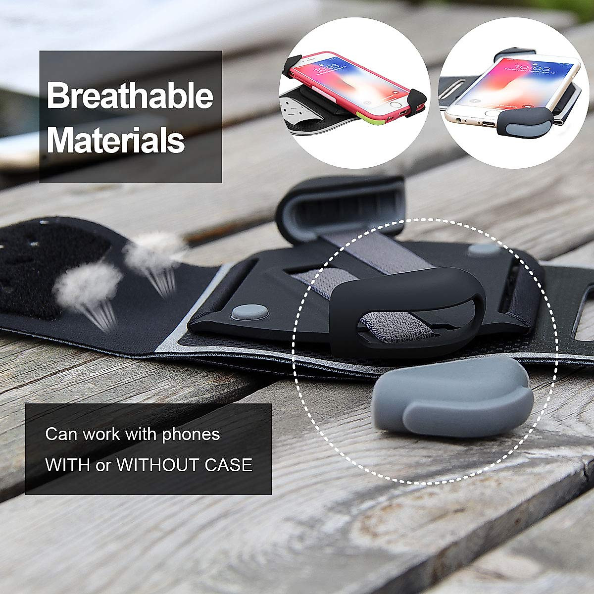 HANZIUP Running Armband for iPhone Xs Max XR X 8 7 6S Plus Samsung Galaxy S9 S8 Note 8 Google&More,Adjustable One-Hand Quick Lock Phone (w/CASE ON) Holder+Card Slot for Hiking Cycling Climbing (Gray)