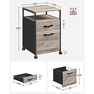 VASAGLE File Cabinet, Mobile Filing Cabinet with Wheels, 2 Drawers, Open Shelf, for A4, Letter Size, Hanging File Folders, Heather Greige and Ink Black UOFC071B02