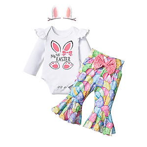 KANGKANG Easter Outfit Baby Girl 12 month Girl Clothes Rabbit Print Romper Flared Pants Pair of Hair Clips