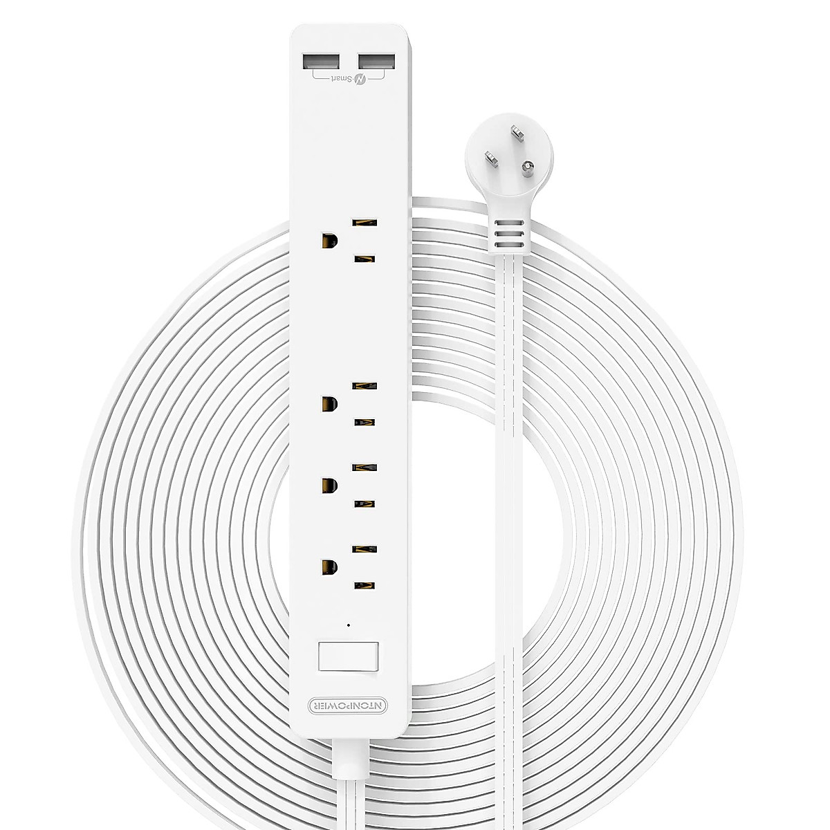 Flat Extension Cord 15 ft, NTONPOWER Ultra Thin Flat Extension Cord Under Carpet, Rug, Door, Wall Mount Power Strip Flat Plug with 4 Outlets 2 USB, Overload Protection for Home Office Indoor, White