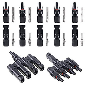 Glarks Solar Panel Connectors 1 Male to 4 Female and 1 Female to 4 Male T Branch Connectors Cable Coupler Combiner and 5 Pair Male/Female Solar Panel Cable Connectors Set (M/4F and F/4M)