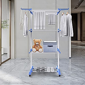 Mbillion Clothes Drying Rack Wall Mounted Space Saver Clothes Hanger Rack with Towel Bar Heavy Duty Suction Cups for Balcony Laundry Bathroom Patio and Bedroom (Blue)