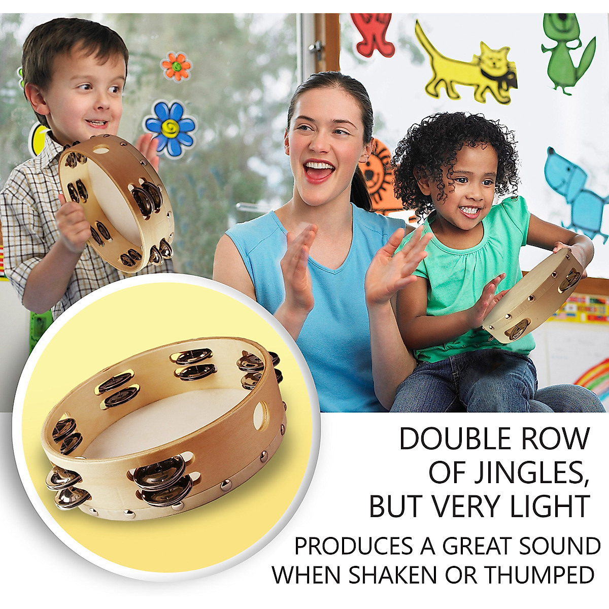 Tambourine 8 inch Double Row Jingles - Handheld Tambourine for Church Kids Adults