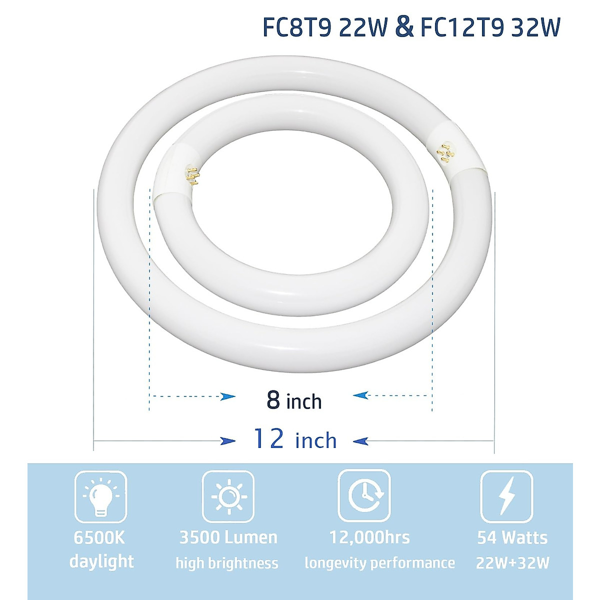 Circular Light Bulbs Set FC12T9-DL and FC8T9-DL Daylight Fluorescent Lamp,Circline 6500K 12inch T9 32Watts and 8inch 22Watts Replacement for Ceiling Light,12,000hrs Long Lifespans