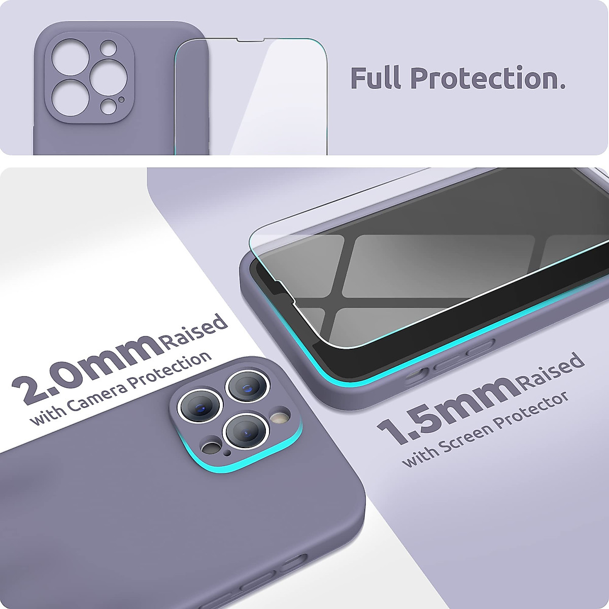 SURPHY Compatible with iPhone 13 Pro Max Case with Screen Protector, (Camera Protection + Soft Microfiber Lining) Liquid Silicone Phone Case 6.7 inch 2021, Lavender Gray