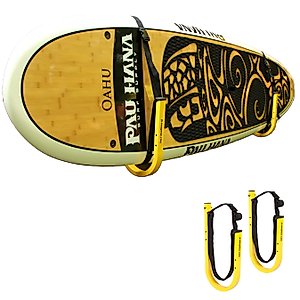 Suspenz SUP Wall Storage Rack, Stand Up Paddle Board and Surfboard Holder/Hook with Safety Straps, Yellow, (11-0701)