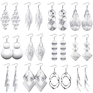Hicarer 12 Pairs Drop Dangle Earrings Bohemian Long Fringed Earrings Vintage Statement Earrings for Women(Silver)