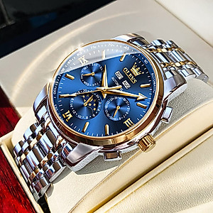 OLEVS Automatic Men Watch Self Winding Mechanical Luxury Dress Moon Phase Stainless Steel Blue Face Waterproof Luminous Calendar Wrist Watch