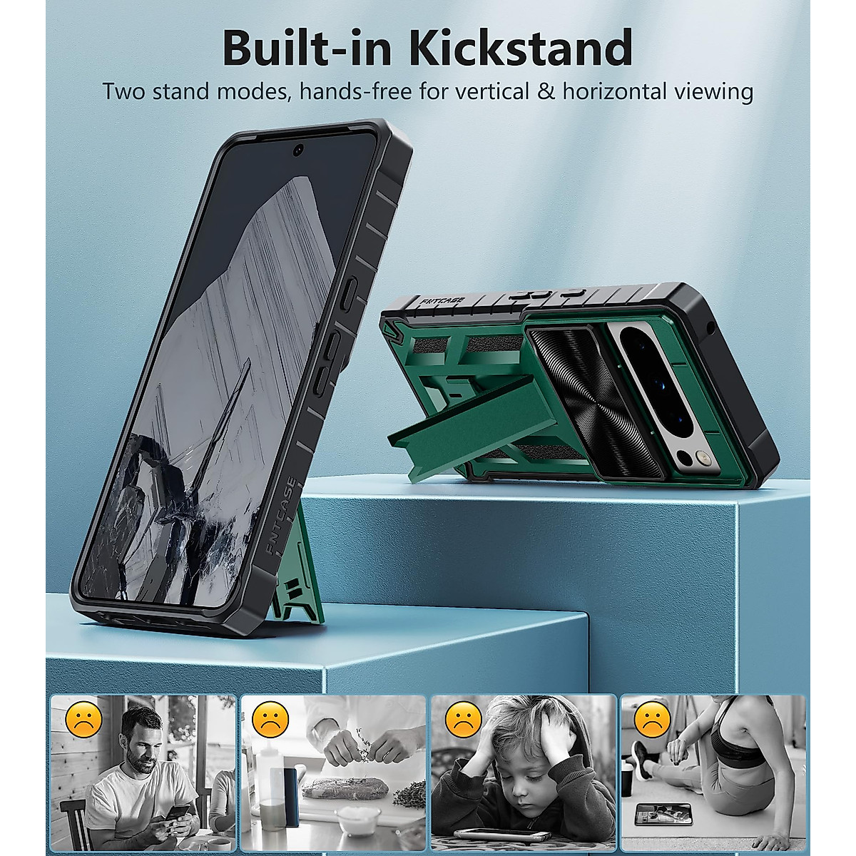 FNTCASE for Google Pixel 8-Pro Case: Military Grade Drop Proof Protective Rugged Pixel 8pro Cell Phone Cover with Kickstand & Slide | Shockproof Matte Heavy Duty Protection Tough Cases 6.7''- Green