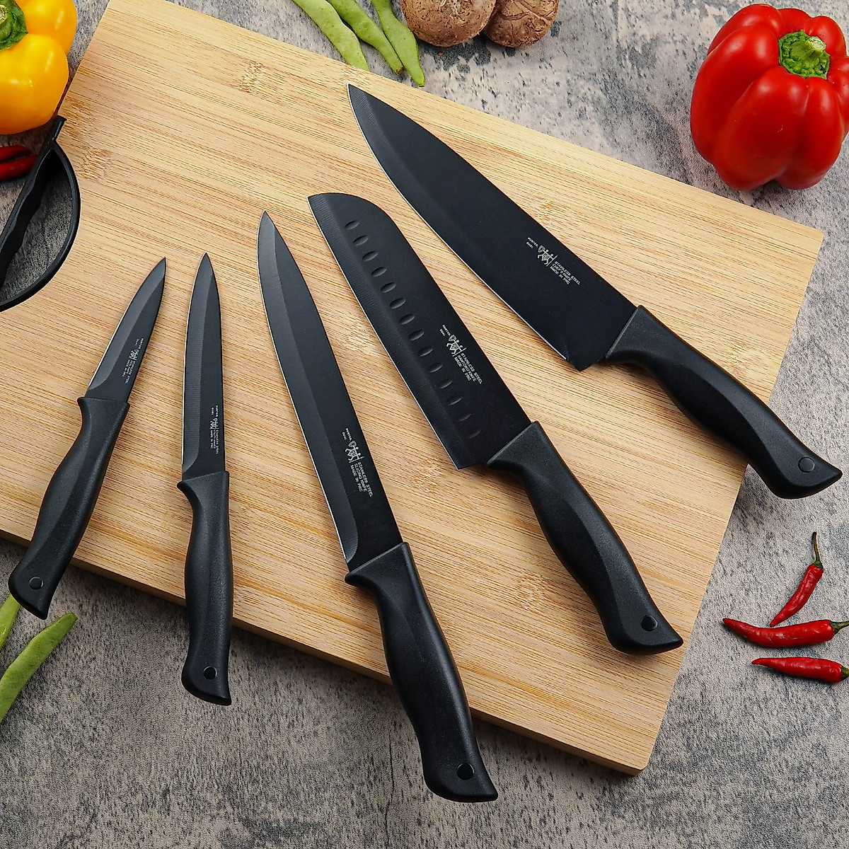 HUNTER Knife Set, Dishwasher Safe Kitchen Knife Set with Block, 24 Pcs Black Kitchen Knife Sets with Block Self Sharpening, 6 Steak Knives, Black