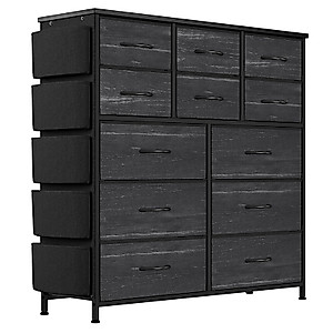 12 Dresser for Bedroom, Chest of Drawers for Bedroom with Side Pockets and Hooks, Fabric Storage Dresser, Sturdy Steel Frame, Wood Top, Easy Pull Handle (Charcoal Black)