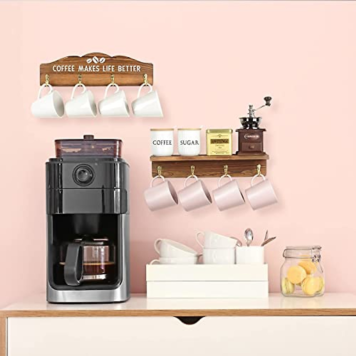 JACKCUBE Design Coffee Mug Rack, Wall Mounted Wooden 12 Coffee Cup Holder Organizer with Coffee Sign for Home Kitchen Cafe Decor - MK737A