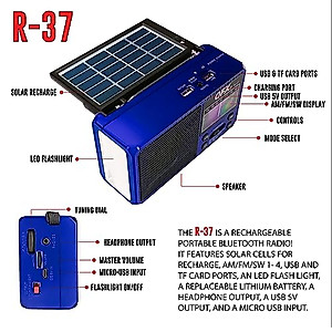 QFX R-37-BL 6-Band (AM, FM, SW1 - SW4) Bluetooth LED Flashlight Solar Radio (2021 Model)