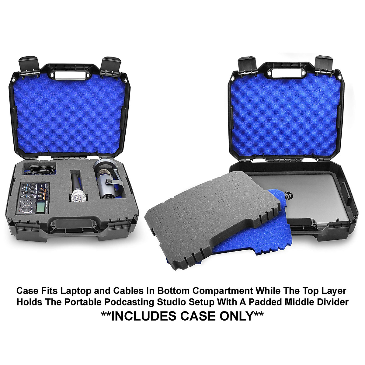 CASEMATIX 17 inch Mobile Podcast Station Travel Case Fits Mixers, Microphones, Laptops and Cables with Dual Customizable Foam Layers - Case Only with Blue Foam