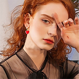 ONLYJUMP 14K Gold Plated Huggie Earrings CZ Tiny Small Hoop Earrings Red Enamel Heart Ear Cuff Initial Huggies Earrings Minimal Jewelry (red heart)