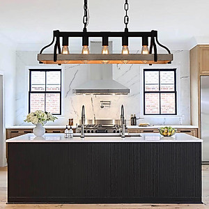 MEIXISUE Chandeliers for Dining Room Kitchen Island Lighting Fixtures Farmhouse Industrial 5-Lights Linear White Birch and Black Metal Finish Chandelier for Living Room UL Listed
