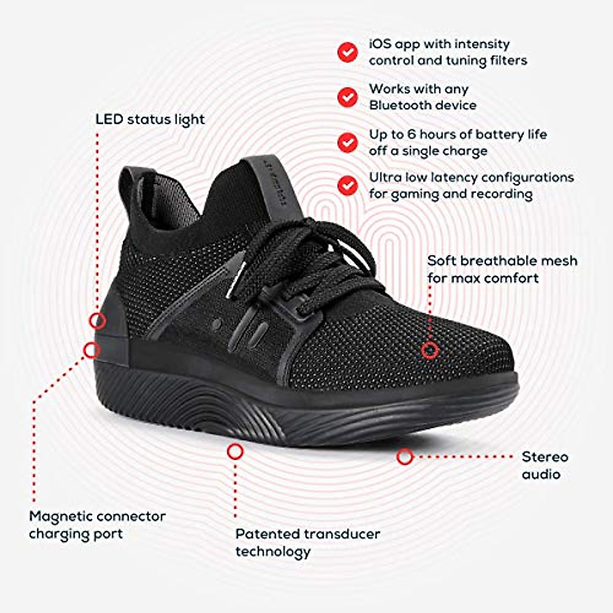 DropLabs EP 01 Triple Black Haptic Gaming Sneaker, Men, Size 12, for Music, Movies, VR, Bluetooth, 360 Haptic Feedback, 6-Hour Battery Life, Magnetic Charge Connector, Water Resistant, Black, M-EP1-US-A-12