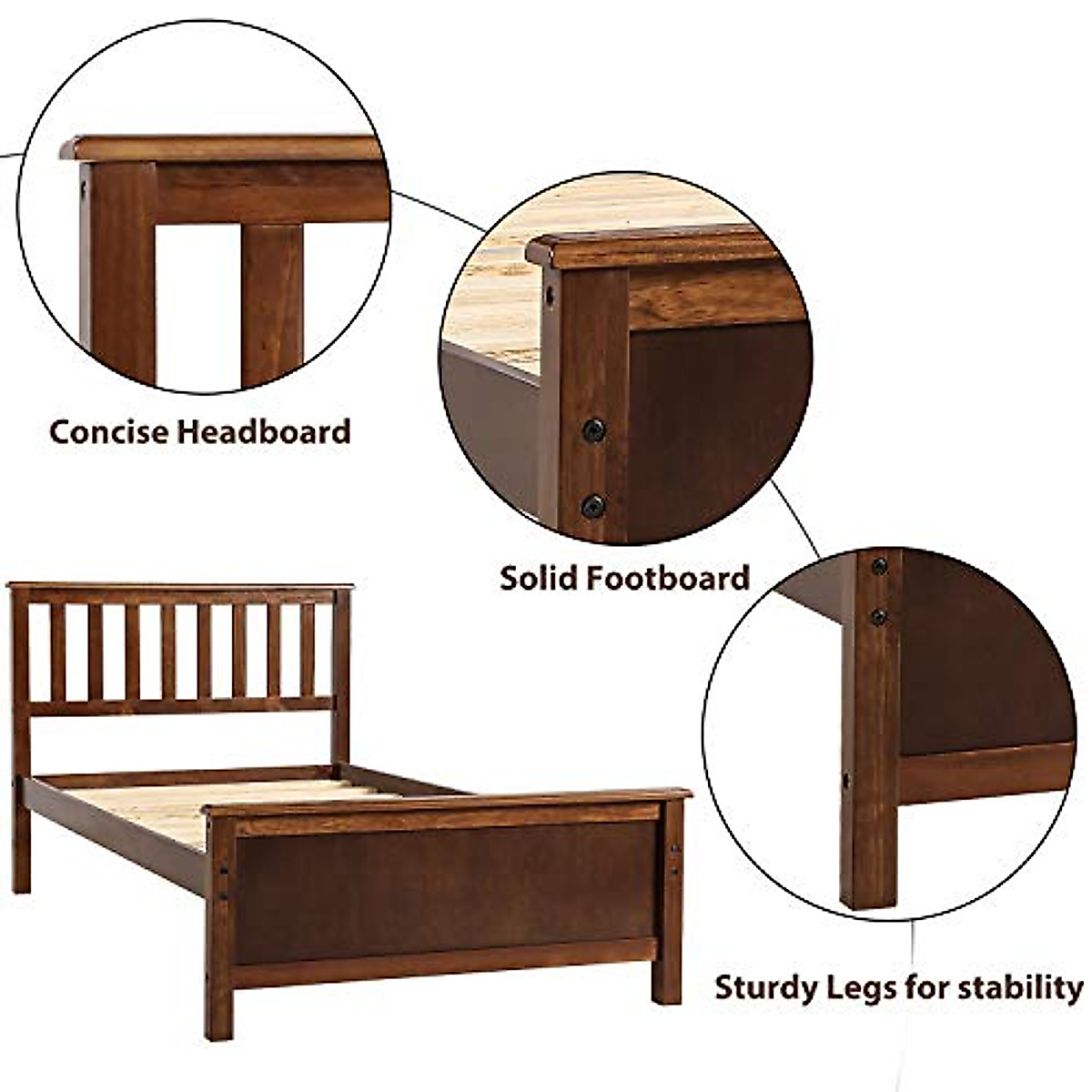 MERITLINE Twin Bed Frame, Wood Platform Bed with Headboard and Footboard, No Box Spring Needed, Walnut