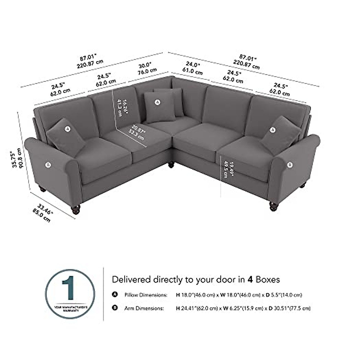 Bush Furniture Hudson L Shaped Sectional Couch, 87W, French Gray Herringbone