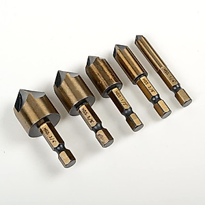 5 pc Countersink Drill Bit Set, 5 Pieces High Speed Steel 82 Degree 5 Flute 6mm Round Shank Mill Cutter Bit Countersink in Sizes 1/4” 3/8” 1/2” 5/8” 3/4” Set with Carrying Case. by ATE Pro. USA