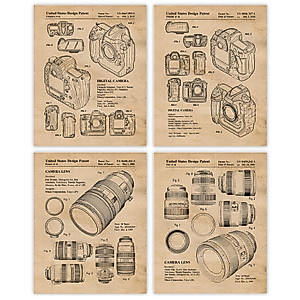 Vintage DSLR Camera Lens Patent Prints, 4 (8x10) Unframed Photos, Wall Art Decor Gifts Under 20 for Home Office Man Cave School College Student Teacher Photography Film Theater Nikon Engineer Champs