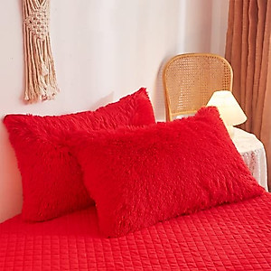 HAIHUA Fluffy red Comforter Cover Set Queen，Faux Fur red Bedding 3 Pieces(1 Plush Queen Duvet Cover +2 Faux Fur Pillowcases) Faux Fur red Bed Set (red, Queen)