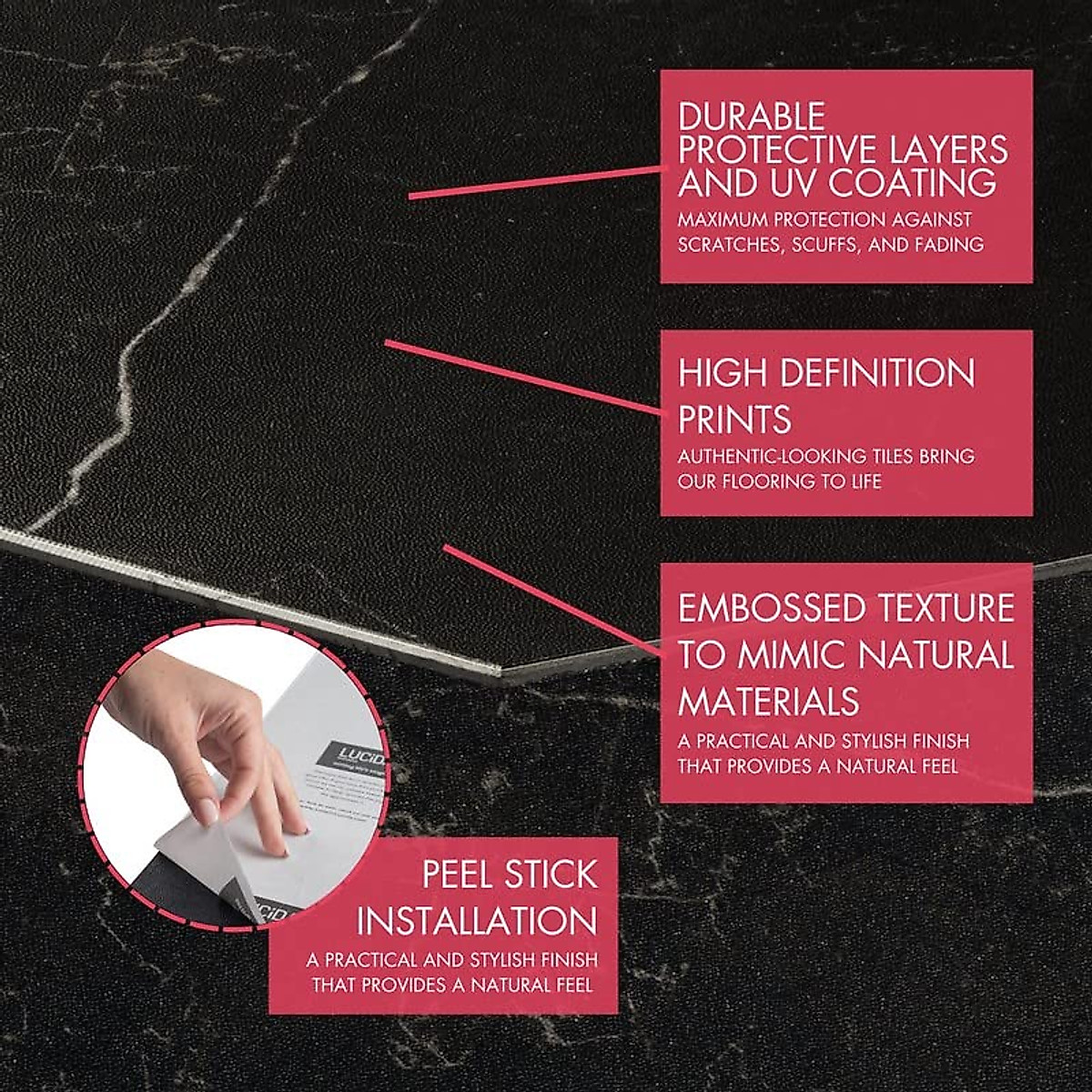 BaseCore HEX Hexagon Vinyl Flooring Black Marble 5.75" DIY Self Adhesive Textured Modern Floor Tile Peel & Stick Tile (36pcs/21.5sqft per case)