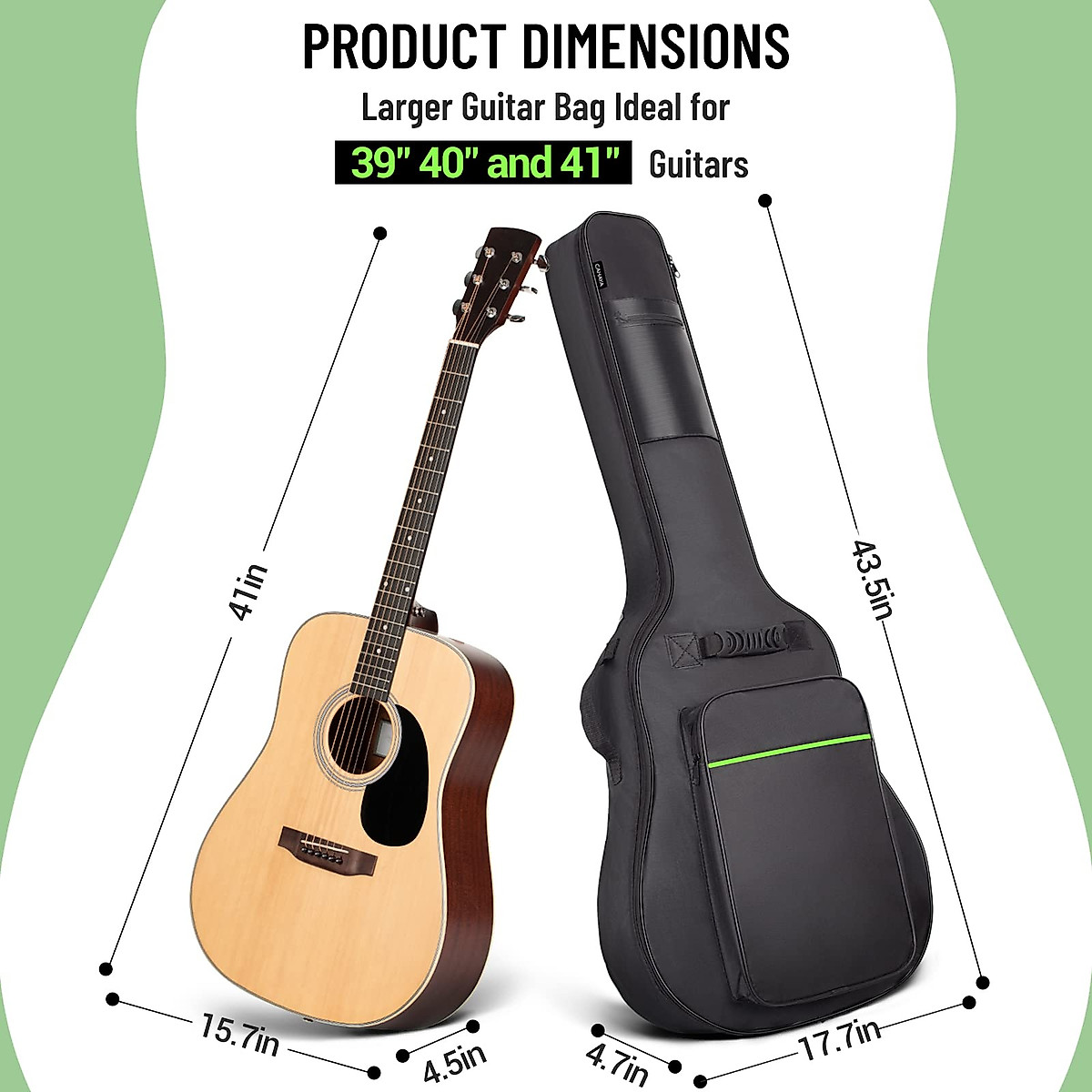 CAHAYA 𝗔𝗰𝗼𝘂𝘀𝘁𝗶𝗰 𝗚𝘂𝗶𝘁𝗮𝗿 𝗕𝗮𝗴 0.35 In Thick Padding for 40 41 42 in Acoustic Guitars Waterproof Dual Adjustable Shoulder Strap Guitar Case Gig Bag with Back Hanger Loop, Green CY0291