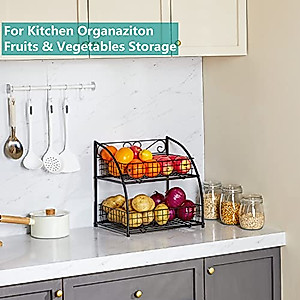 Fruit Basket for Kitchen, Fruit and Vegetable Storage Bowl Stand with Quality Metal Frame, Detachable, Large Capacity, 2 Tier Wire Produce Basket Fruit Holder for Kitchen Countertop Dining Table