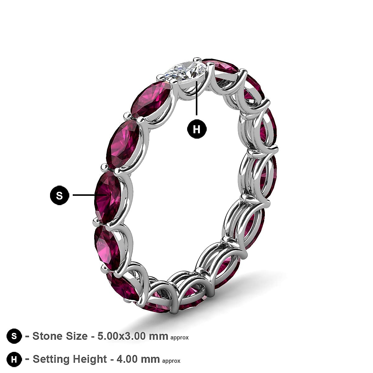 Oval Shape Moissanite & Rhodolite Garnet 4.82 ctw Set In Gorgeous Drape Like Basket Setting Eternity Stackable ring 14K Yellow Gold-9.0