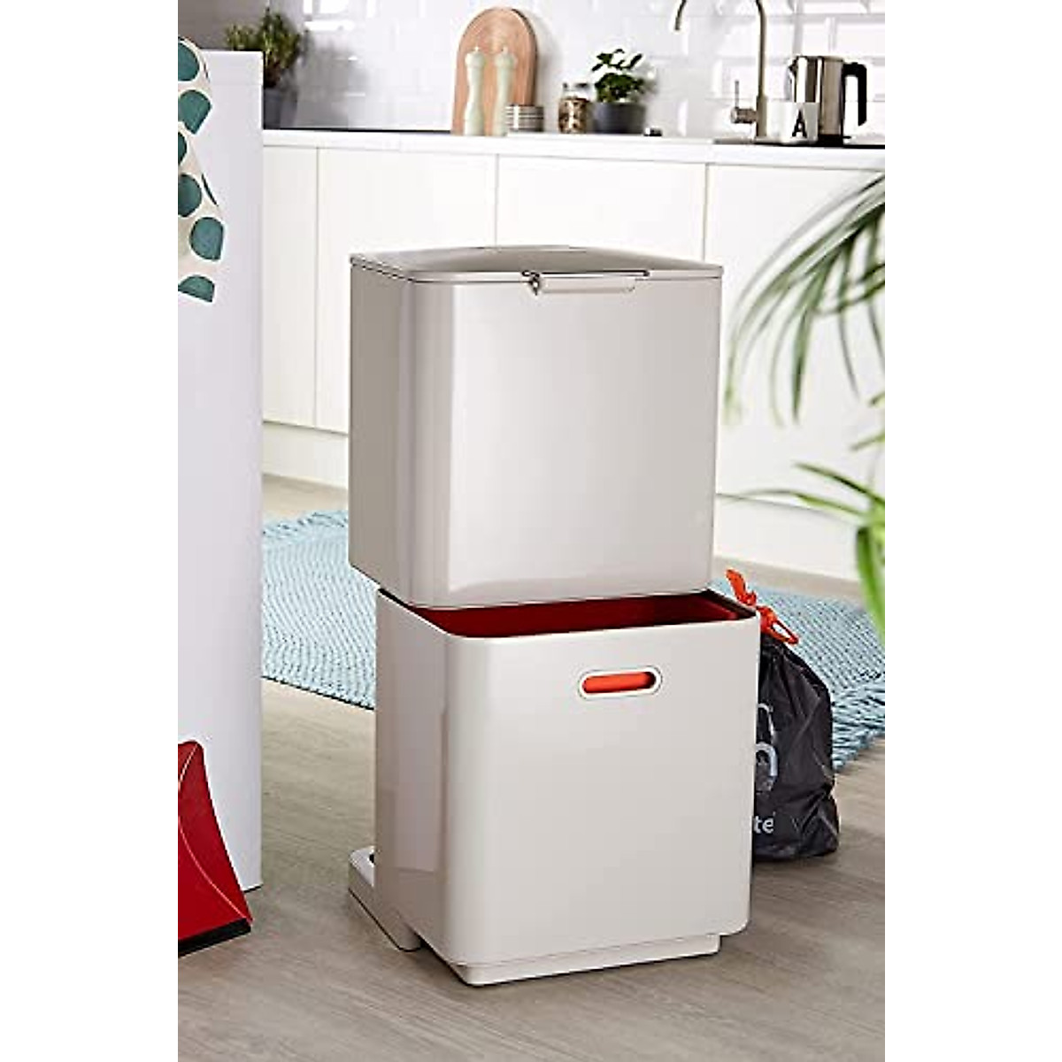 Joseph Joseph Totem Max 60 liter Waste Separation and Recycling Kitchen Trash Can with Odor filter and removable food waste caddy, Stone