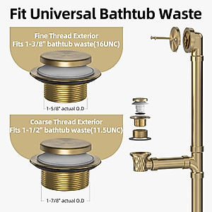 Sogmeter Brushed Gold Tub Drain Kit with Hair Catcher, Premium Brass Tip-Toe Bathroom Tub Drain Replacement and 2-Hole Overflow Faceplate, 11.5/16 UNC Bathtub Drain Stopper Assembly