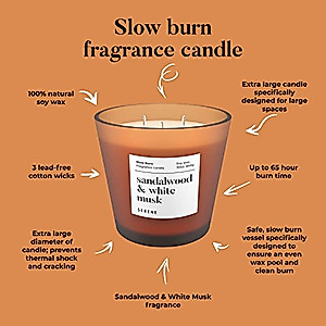 Hidden Label Large Scented Candle, Sandalwood & White Musk, 30oz 3 Wick Huge Candle, Huge Slow Burn Natural Soy Candles for Home Scented