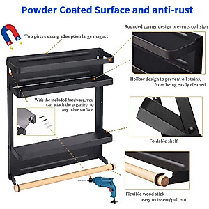 Vodoco Magnetic Spice Rack, Refrigerator Organizer Kitchen Storage 2-Tier Magnetic Shelf Magnetic Paper Towel Holder Spices Organizer Wall Storage Kitchen Storage Rack - Black