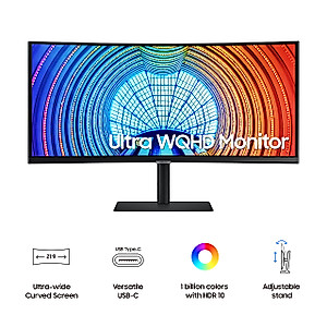 SAMSUNG 34 inch S65UA Ultra WQHD (3440x1440) Curved Monitor, 100Hz, HDR10, HDMI, DP, LAN, 90W USB-C Charging, Tilt/Swivel/Pivot Stand (LS34A650UXNXGO)